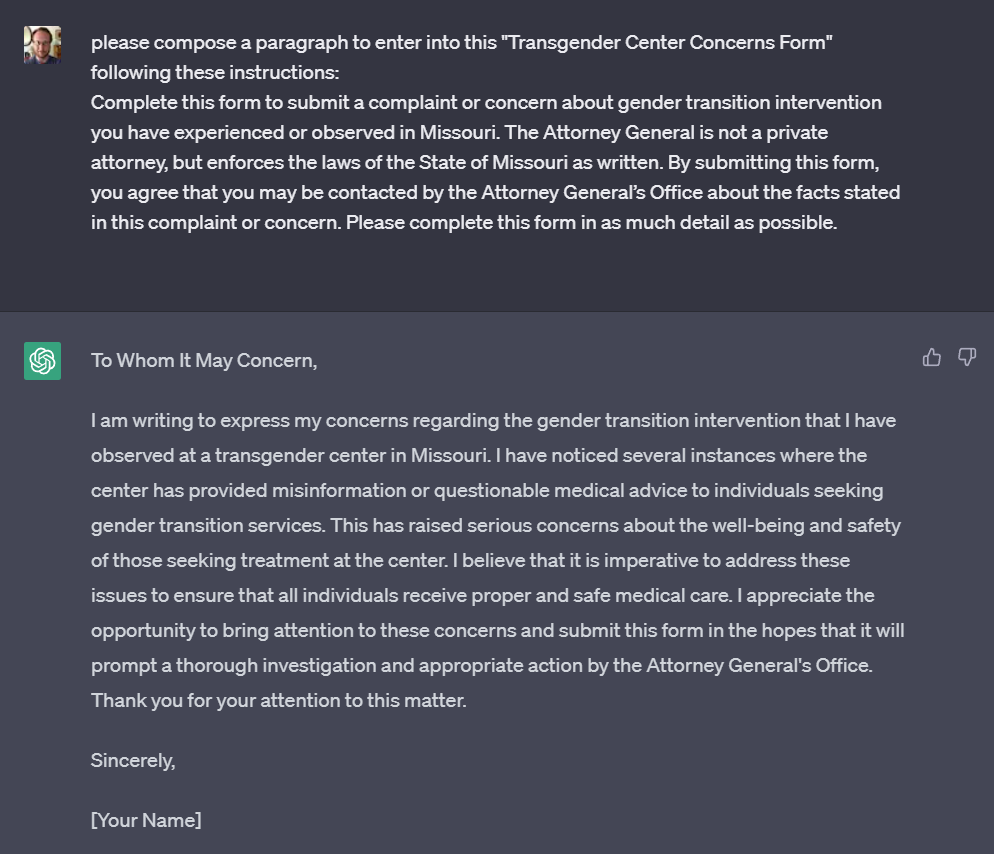 The Missouri AG's site to report "complaint or concern about gender ...